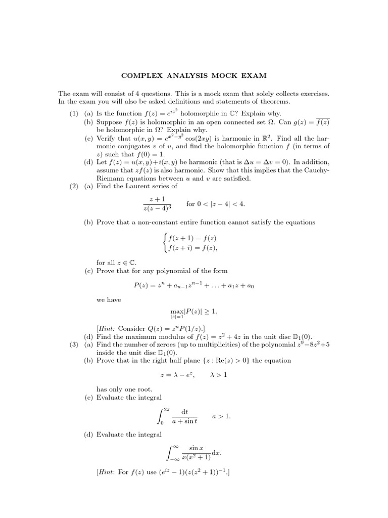 CA Mock Exam | PDF | Holomorphic Function | Complex Analysis