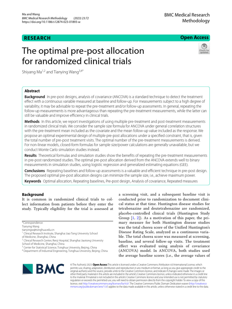 The Optimal Pre-Post Allocation For Randomized Clinical Trials | PDF ...