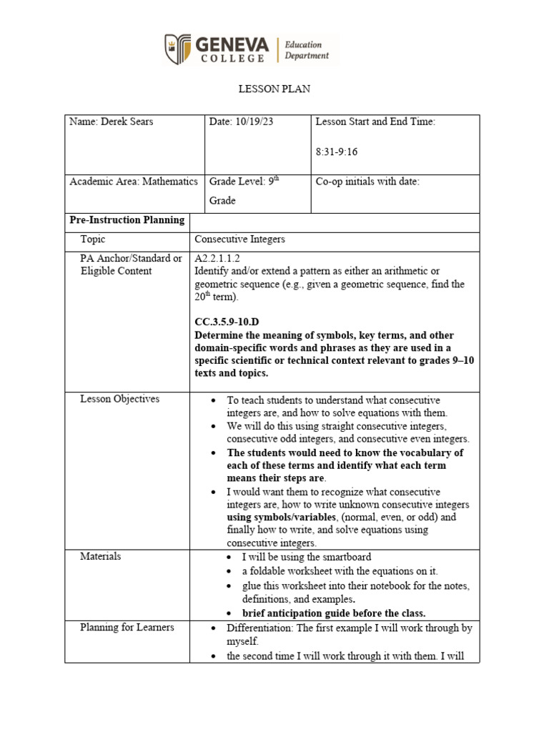 Consecutive Integers Lesson Plan With Updates | PDF | Equations ...