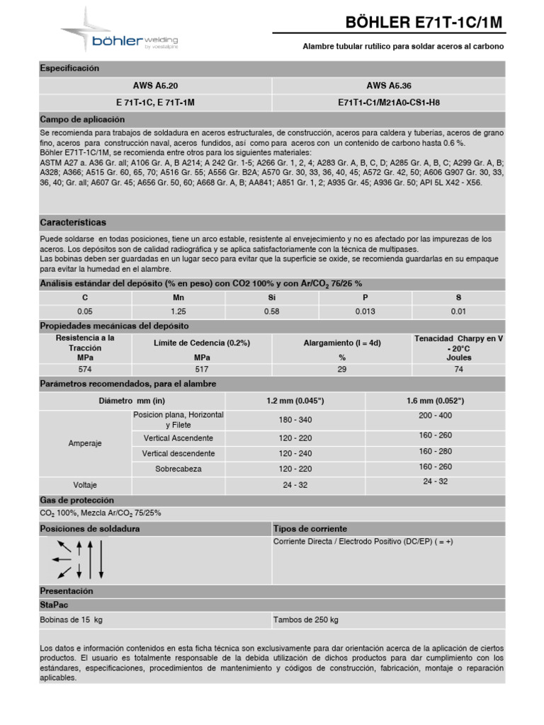 Bohler E71T 1C 1M | PDF | Soldadura | Construcción