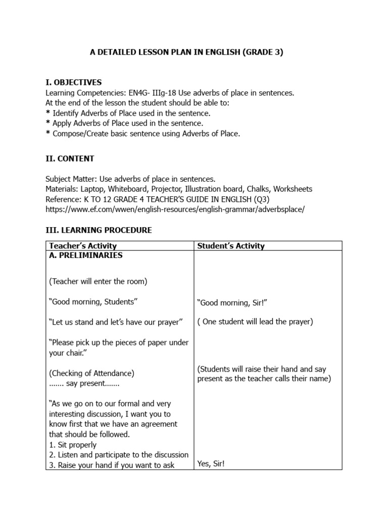 Grade 3 English: Adverbs of Place | PDF | Lesson Plan | Human Communication