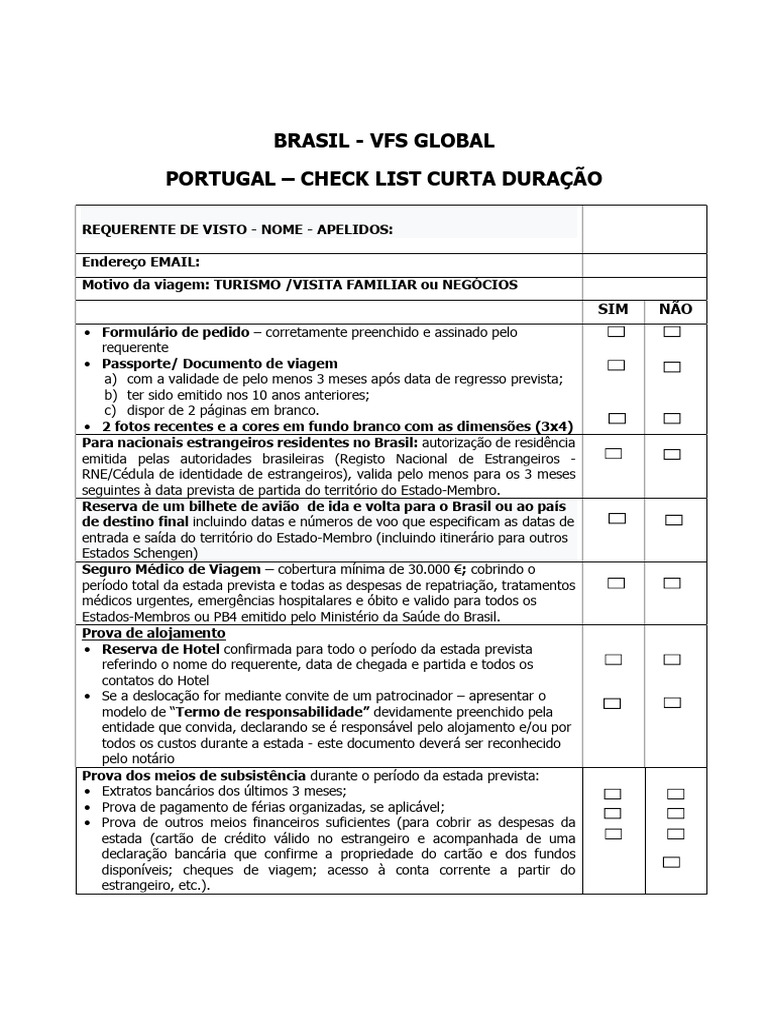 Checklist Visto de Turismo Portugal | PDF | Visto para viagem