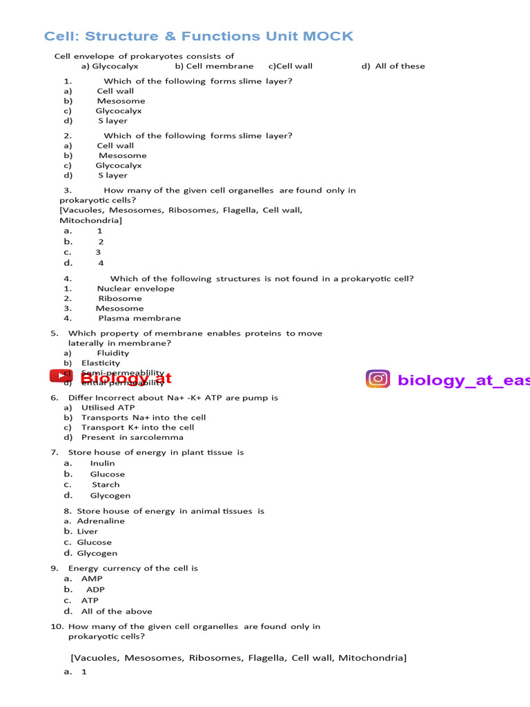 Cell Structure And Functions Unit Mock Pdf Meiosis Cell Biology