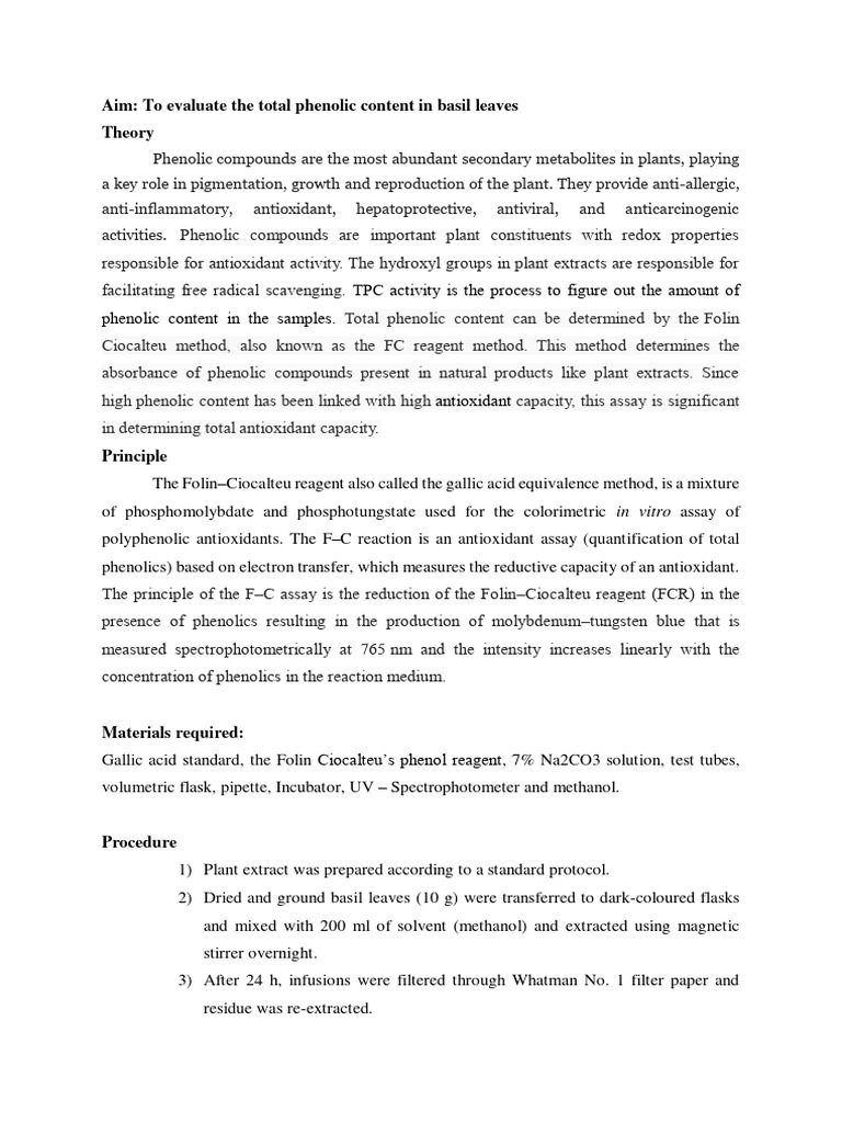 Total Phenolic Content Exp-1 | PDF | Polyphenol | Antioxidant