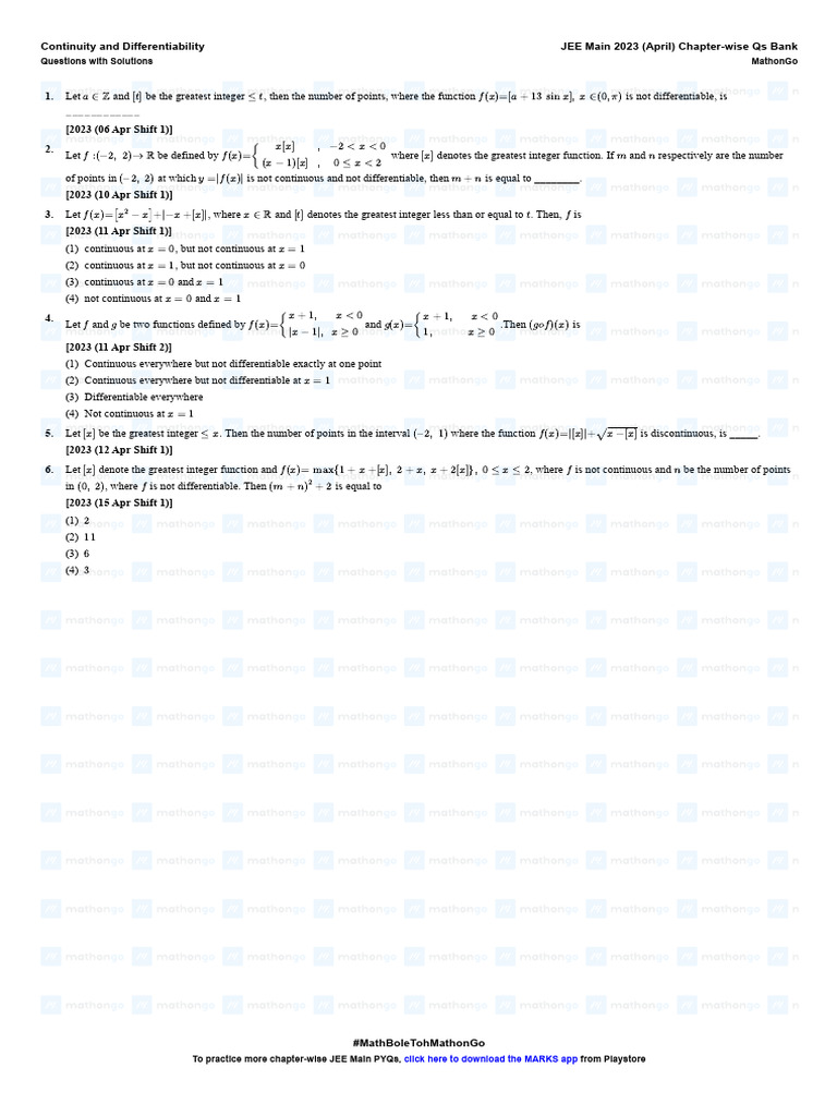 Continuity and Differentiability - JEE Main 2023 April Chapterwise PYQ - MathonGo | PDF ...