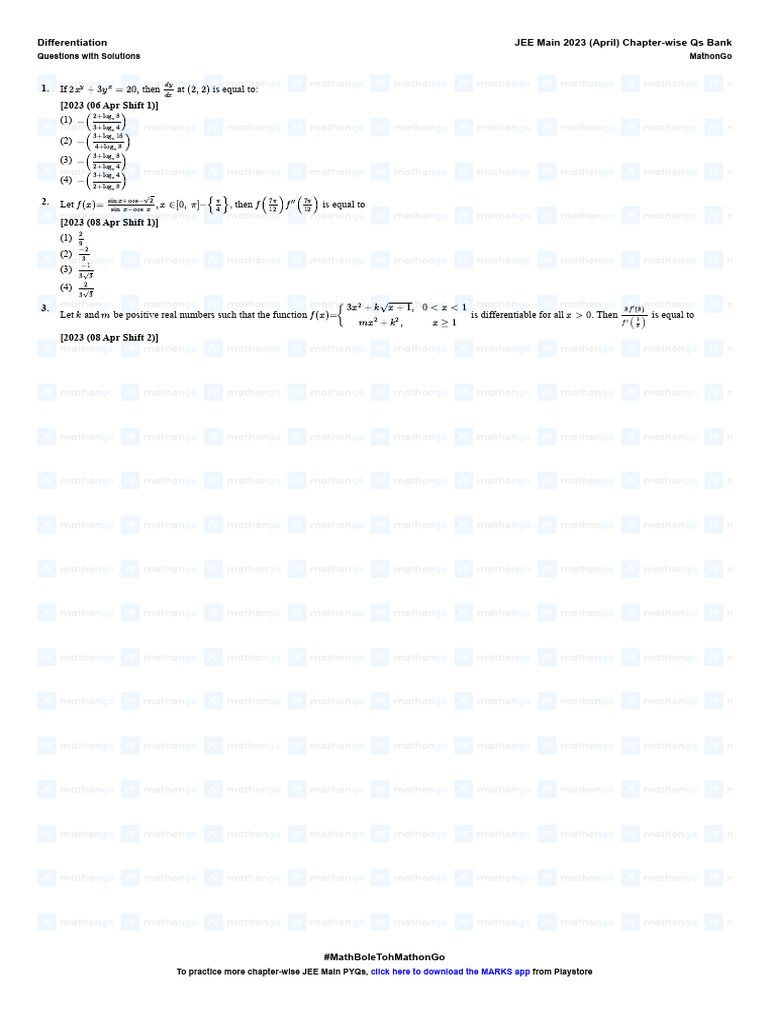Differentiation - JEE Main 2023 April Chapterwise PYQ - MathonGo | PDF ...