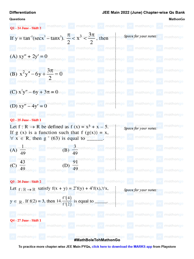 Differentiation - JEE Main 2022 Chapter Wise Questions by MathonGo | PDF | National Football ...