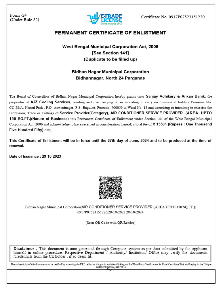 Bidhannagar Trade License Certificate | PDF | Authentication | Access ...