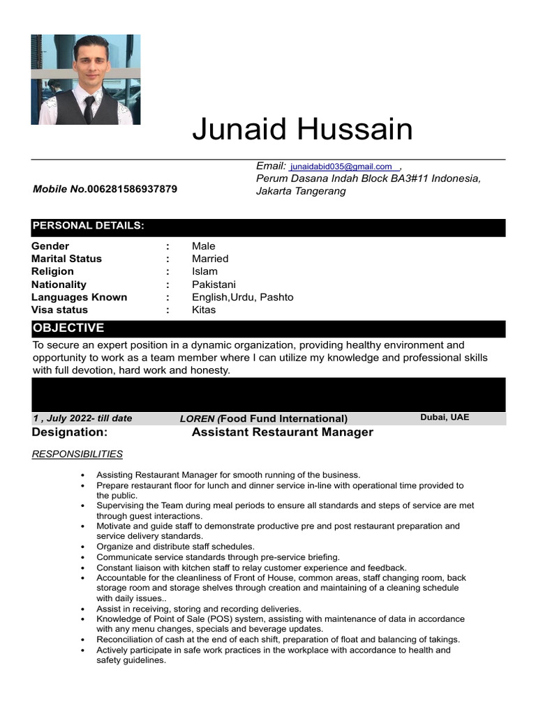 Junaid Hussain Updated Resume | PDF | Restaurants | Point Of Sale
