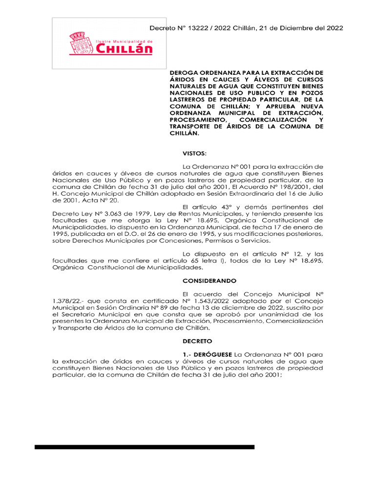 Decreto 13222 Áridos Chillán | PDF