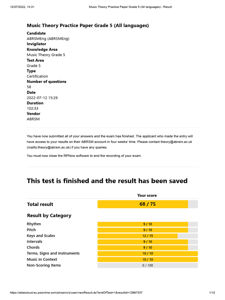 Grade 5 Music Theory Exam Results | PDF | Music Theory | Interval (Music)