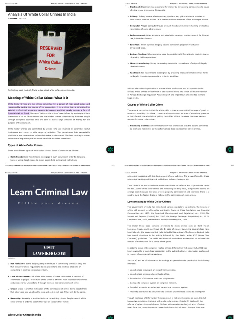 White Collar Crime Analysis in India | PDF | Crimes | Crime & Violence
