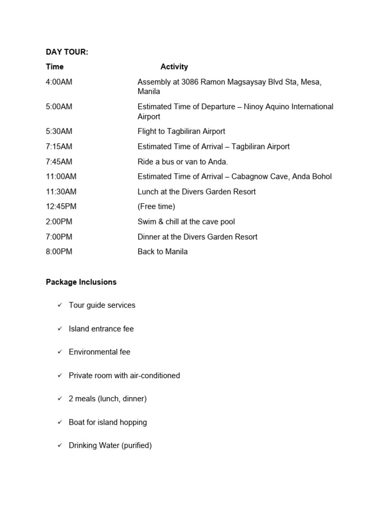 Day Tour Itinerary | PDF