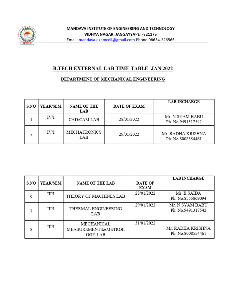 B.tech MECHANICAL Labexternal Time Table-2022 | PDF