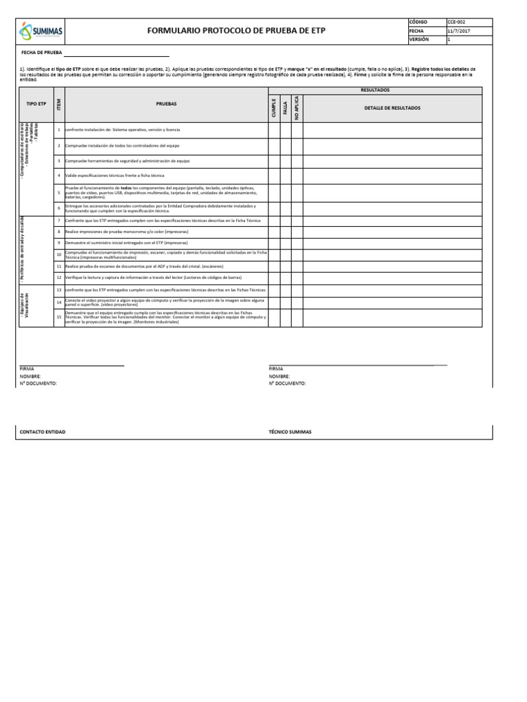 Formato Pruebas de Funcionamiento - ETP | PDF | Escáner de imagen | Informática