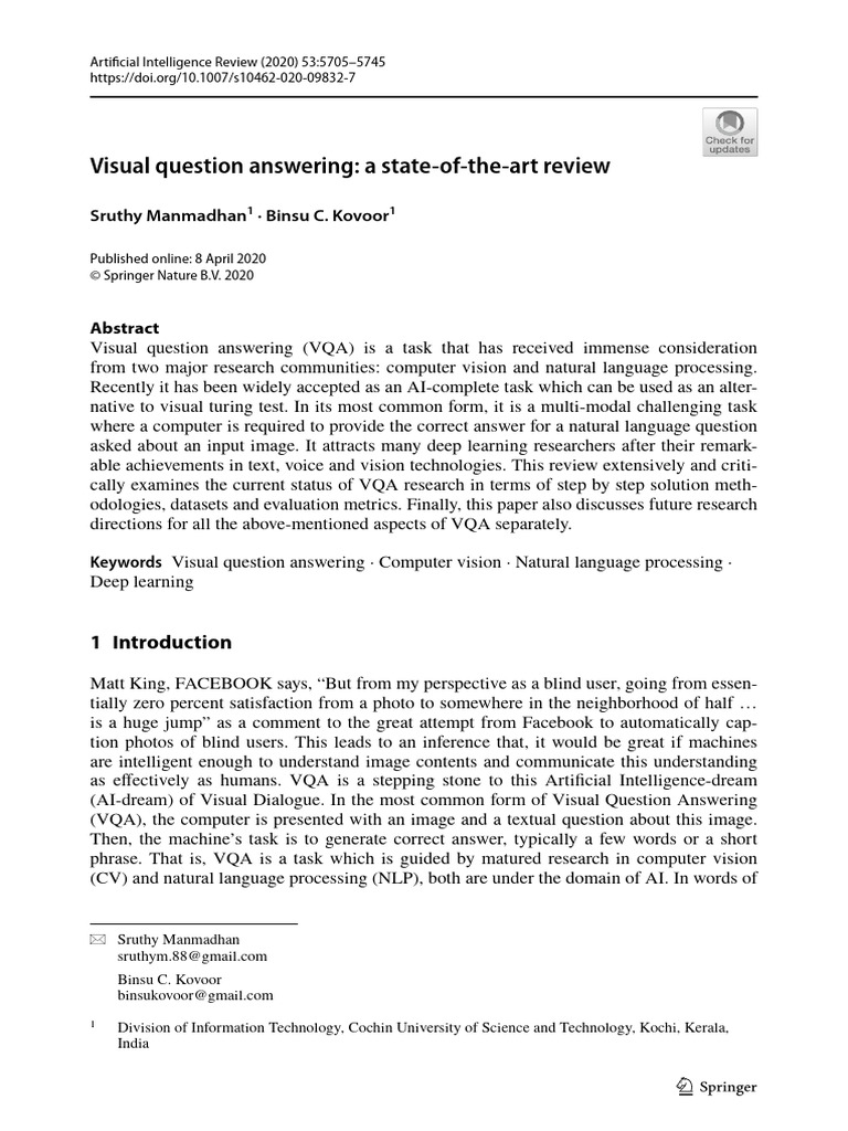 Visual Question Answering: A State of The Art Review: Sruthy Manmadhan Binsu C. Kovoor | PDF ...