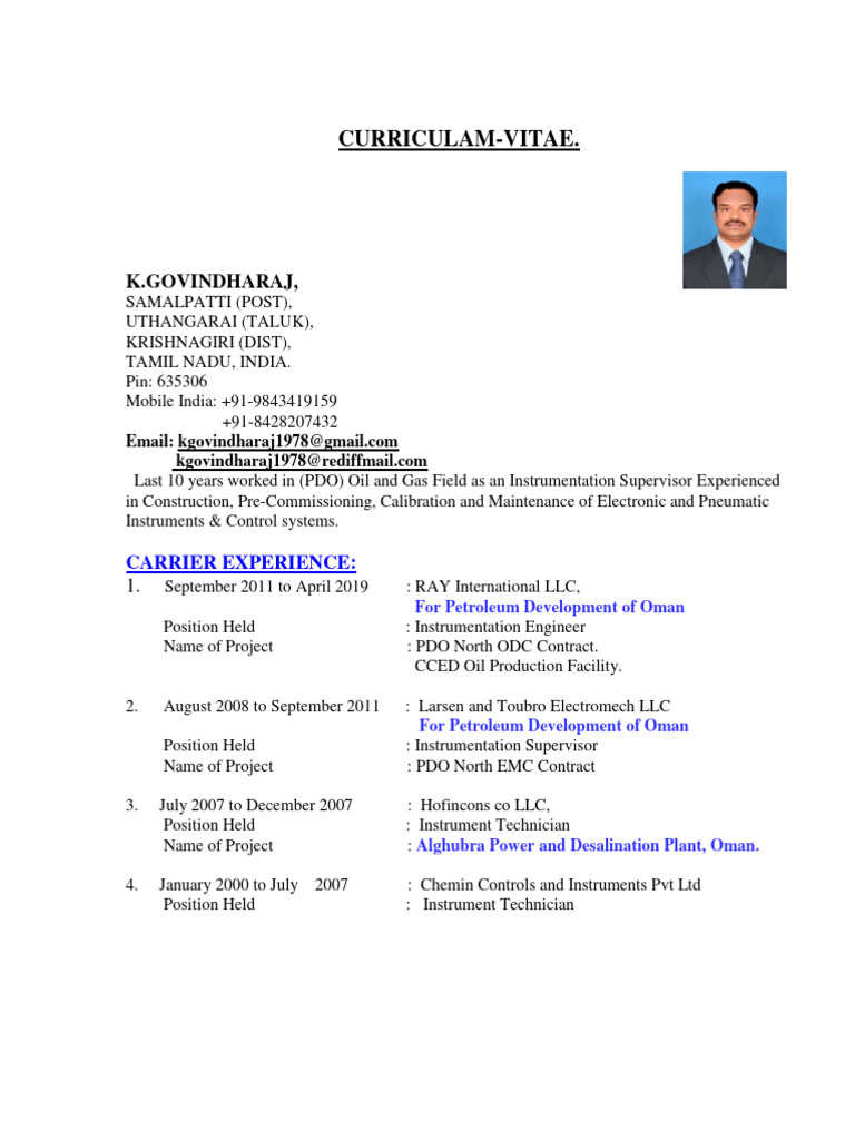 K.Govindharaj - Inst - Supervisor CV | PDF | Instrumentation | Engineering