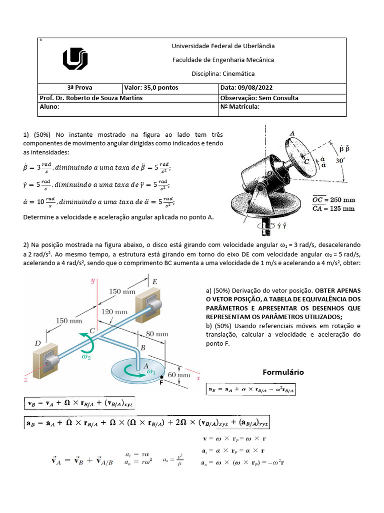 Terceira Prova - Cinemática - 2021-2 | PDF | Cinemática | Velocidade