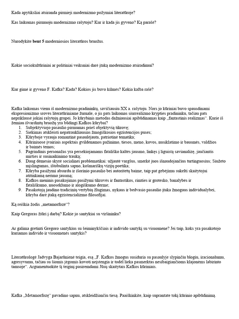 Modernizmas Kafka Klausimai Pamokai | PDF