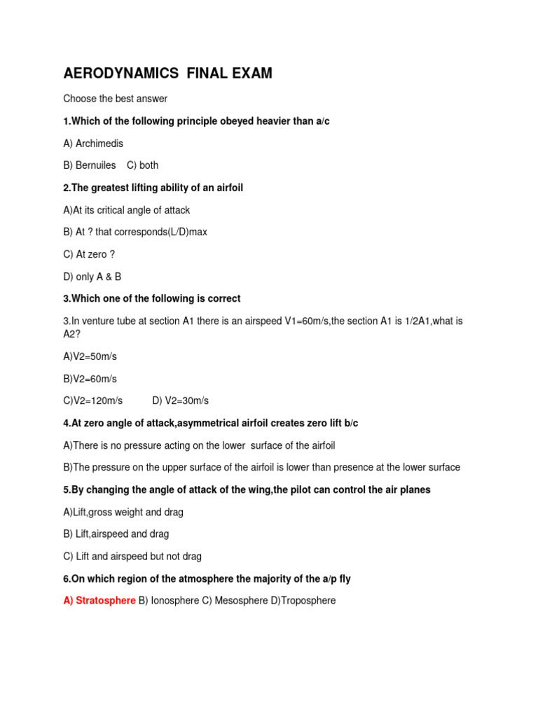 Aerodynamics Final Exam: A) Stratosphere | PDF | Lift (Force) | Flight Control Surfaces