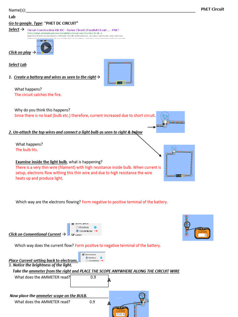 PhET DC Circuit Lab Guide | PDF | Electric Current | Voltage