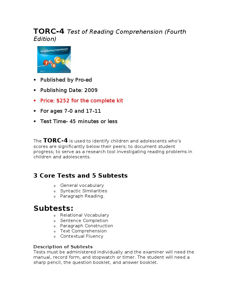 TORC-4: Test of Reading Comprehension (Fourth Edition) | PDF | Reading ...