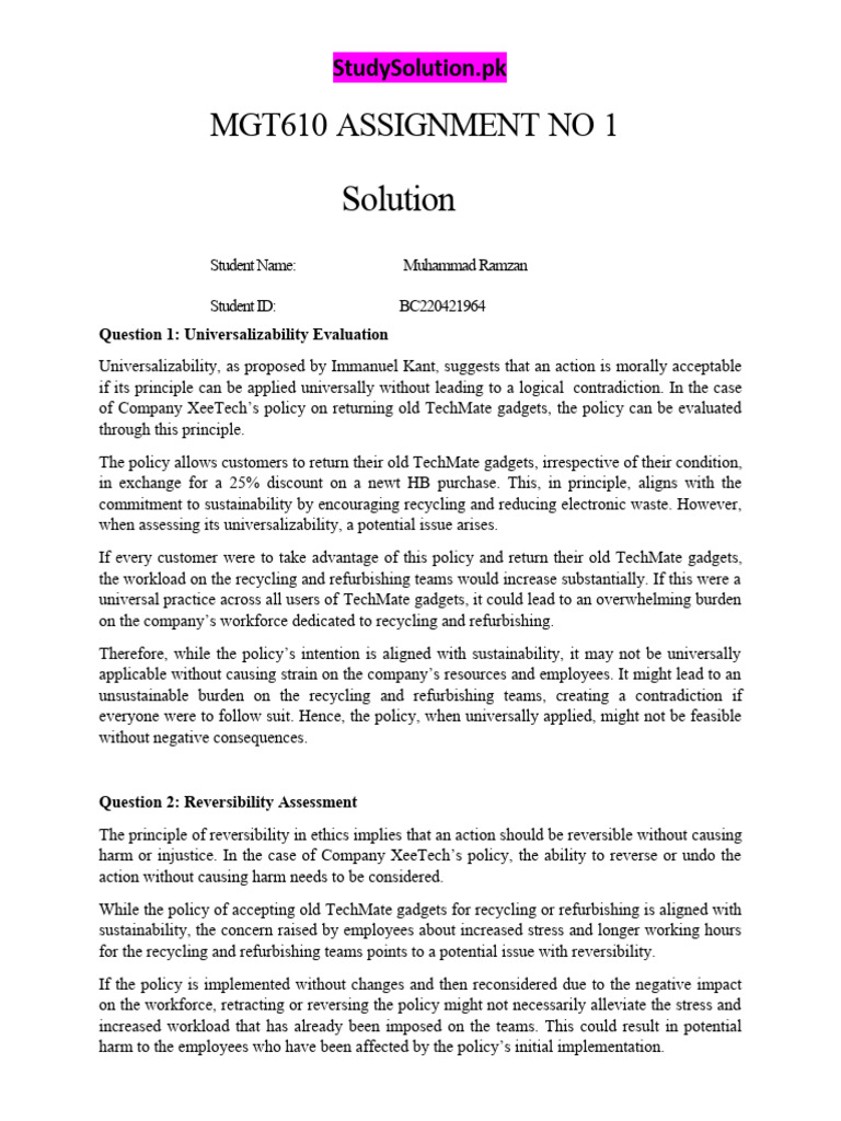 MGT610 Assignment 1: Policy Solutions | PDF | Sustainability | Recycling