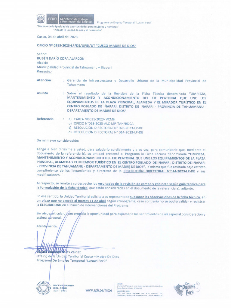 Oficio Nº0285 2023 LP de Ufgi Ut Cusco Madre de Dios | PDF | Presupuesto