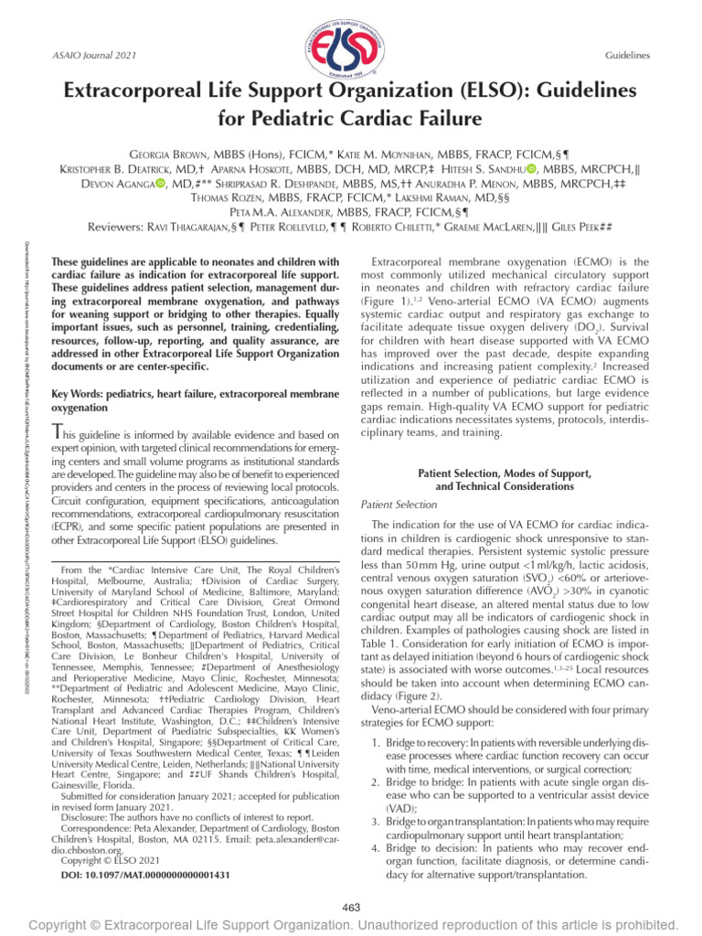ELSO Guideline Elso Pediatric Cardiac Failure | PDF | Coronary Artery ...
