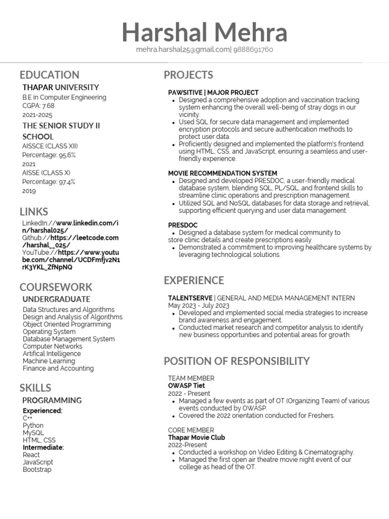 Harsh Al 3 RD Year Resume | PDF | Databases | Sql