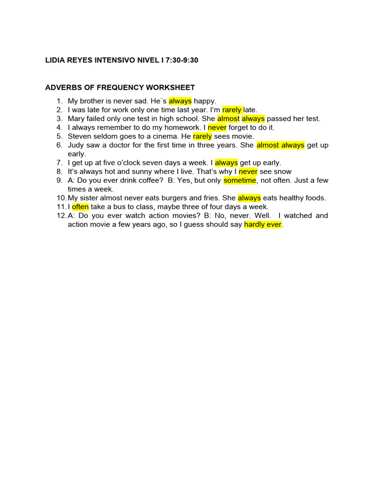 Adverbs of Frequency Worksheet | PDF