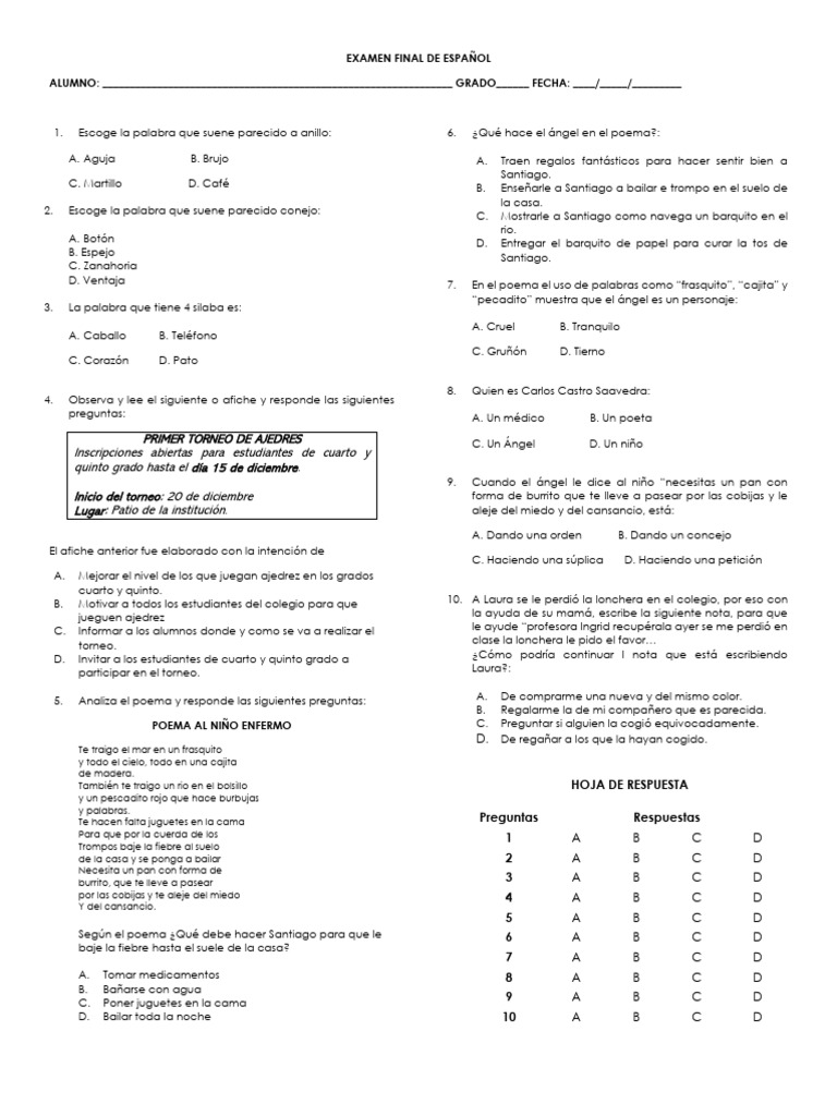 Examen Final de Español Primaria | PDF