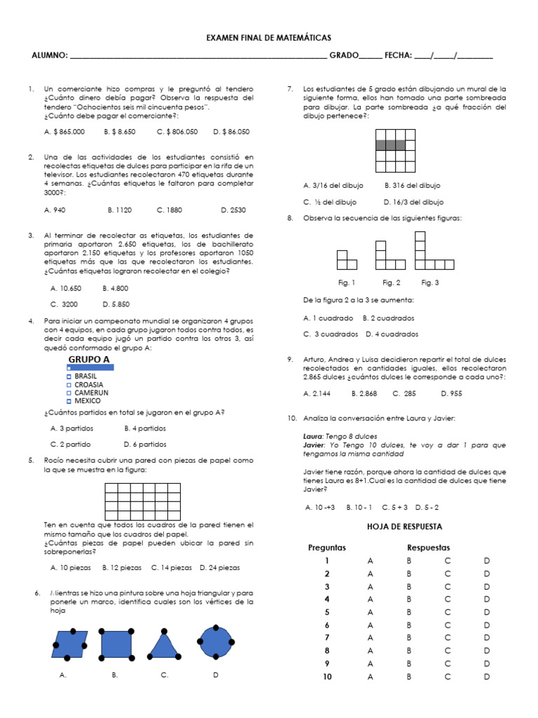 Examen Final de Matemáticas 5to Grado | PDF