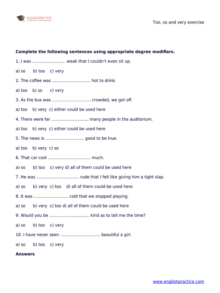Too, So and Very Exercise | PDF