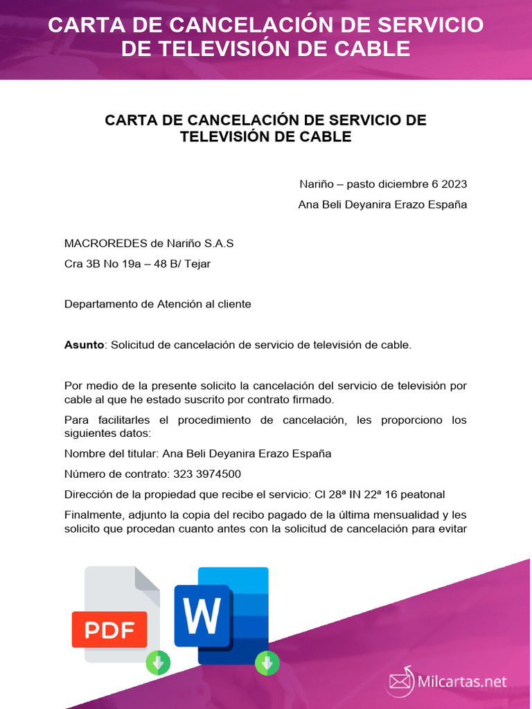 Carta de Cancelacion de Servicio de Television de Cable | PDF