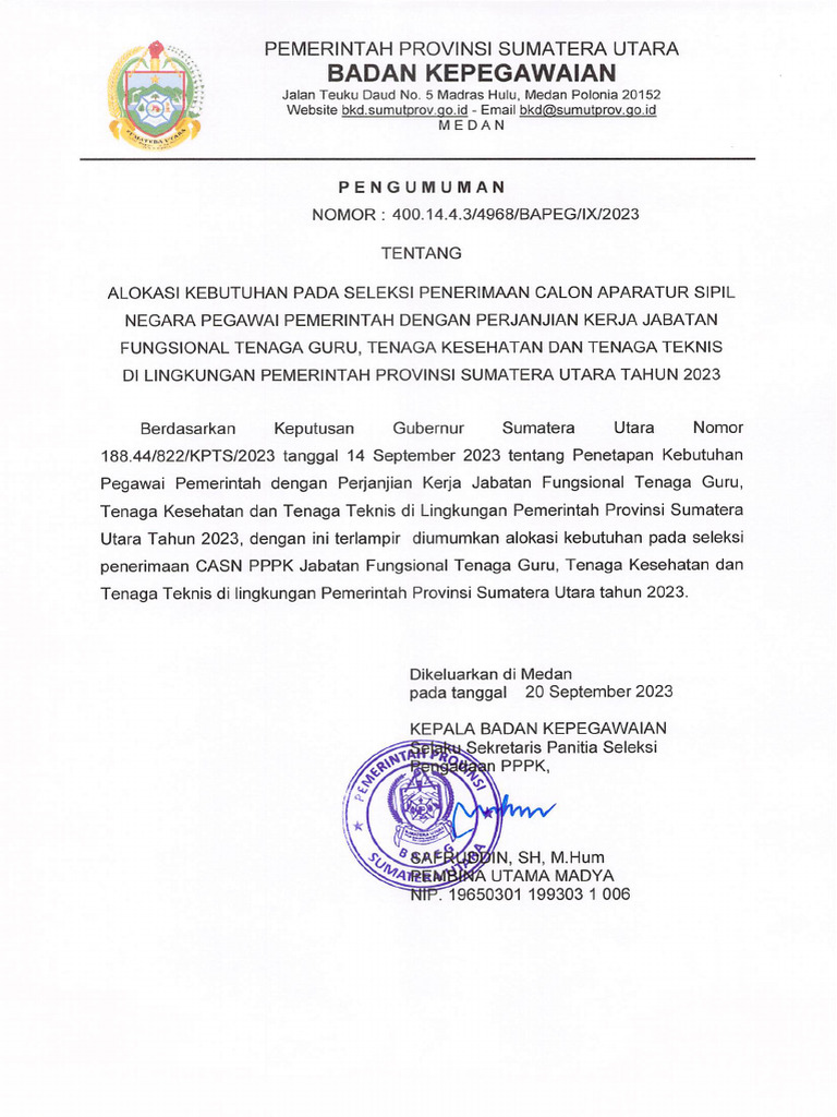 Pengumuman Alokasi Kebutuhan Pada Seleksi Penerimaan CASN PPPK JF Tenaga Guru Tenaga Kesehatan ...