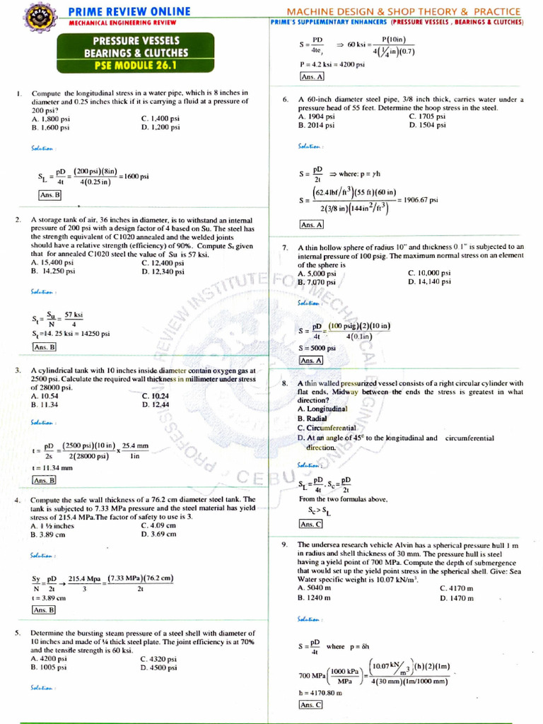 Pressure Vessels Bearings and Clutches Solution Manual | PDF | Clutch | Strength Of Materials