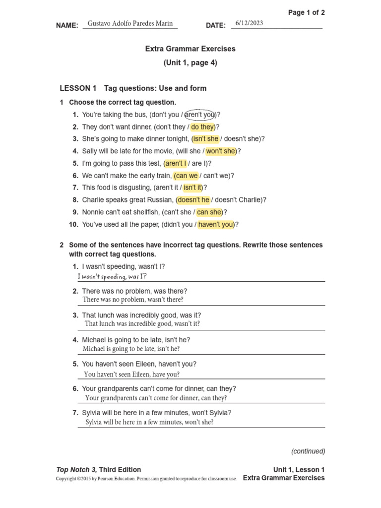 UNIT 01 Extra Gram Exercises | PDF | Linguistics