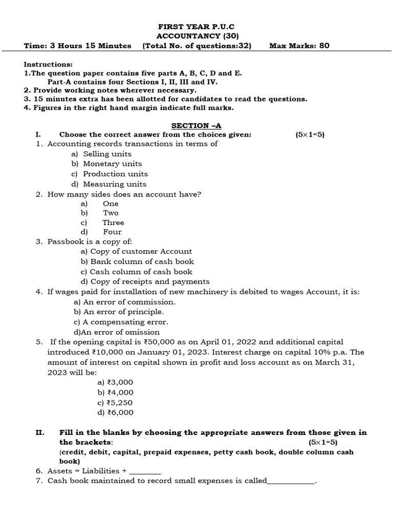 Accountancy Model QP I Puc 2023-24 PDF | PDF | Debits And Credits | Expense