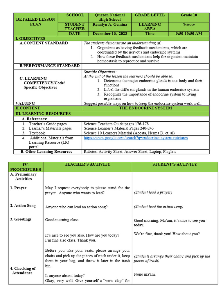 Detailed Lesson Plan 2 | PDF | Human Body | Endocrine System