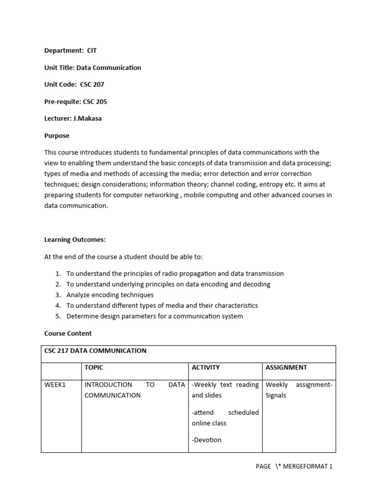 Data Communication Course Outline DL | PDF | Information | Data