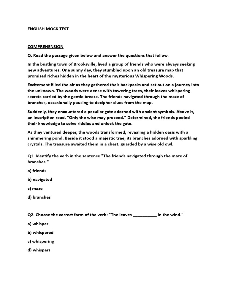 English Mock Test: Comprehension Skills | PDF | Linguistics | Grammar