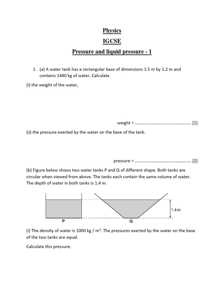 IGCSE Physics: Liquid Pressure Calculations | PDF | Pressure | Water