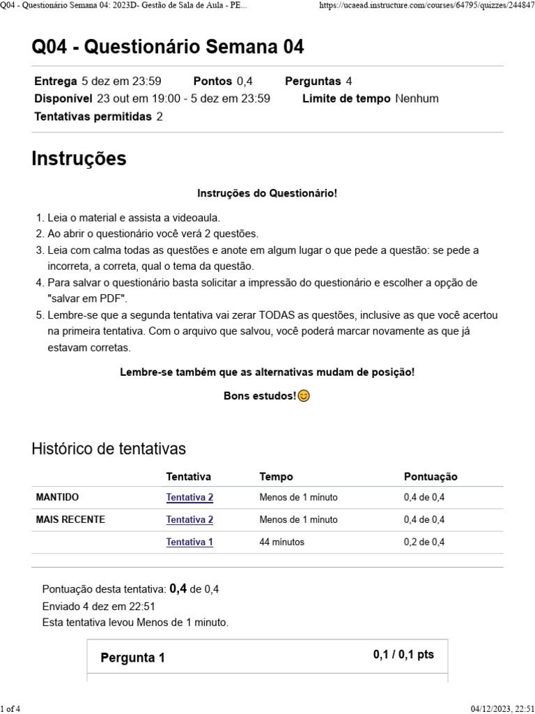 Q04 - Questionário Semana 04 2023D - Gestão de Sala de Aula - PEDAGOGIA 64795 | PDF | Assédio ...