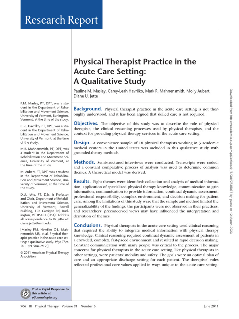ARTG - 2011 - PT Practice in Acute Care Setting | PDF | Physical ...