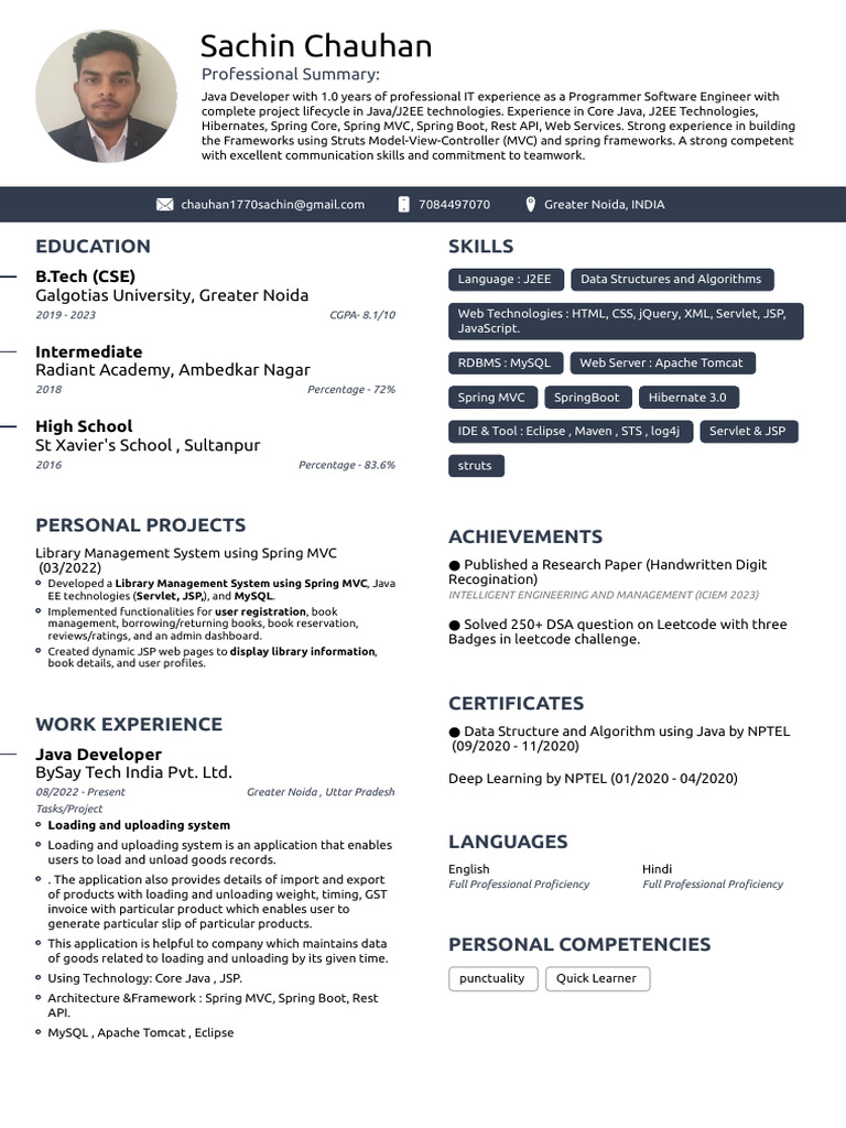 Sachin's Resume | Download Free PDF | Spring Framework | Java (Programming Language)