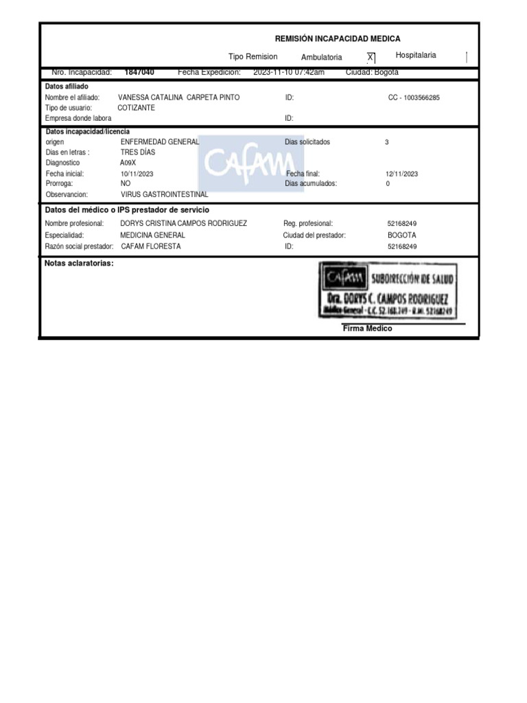 Incapacidad Cafam Act - Pinto | PDF