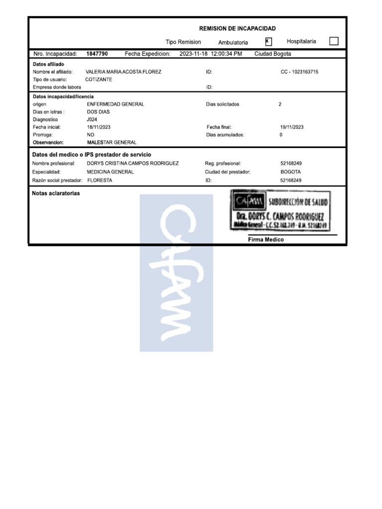 Incapacidad Cafam Act - Valeria | PDF