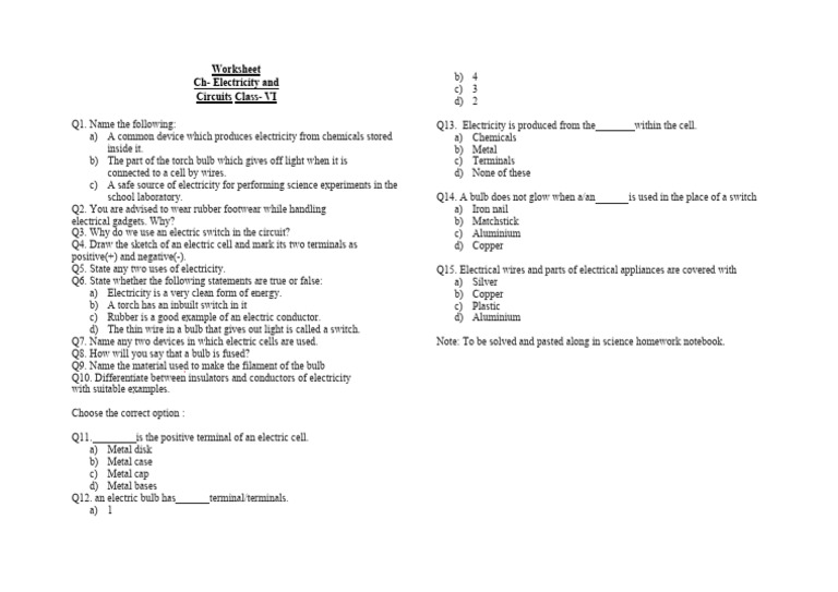 Electricity Class 6 Worksheet | PDF | Wire | Electricity