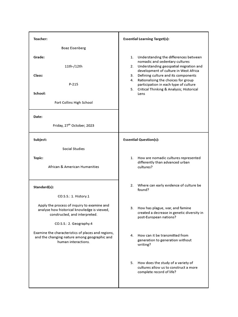 WK of 27 10 23 - Af Am Humanities Lesson Plan | PDF | Geography | Africa